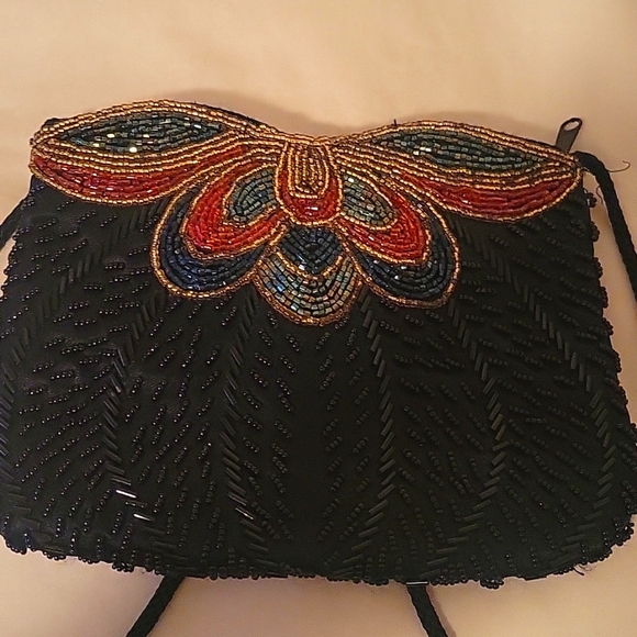 Vintage | Bags | Vintage Beaded Evening Bag Elegant Black Multi Color ...